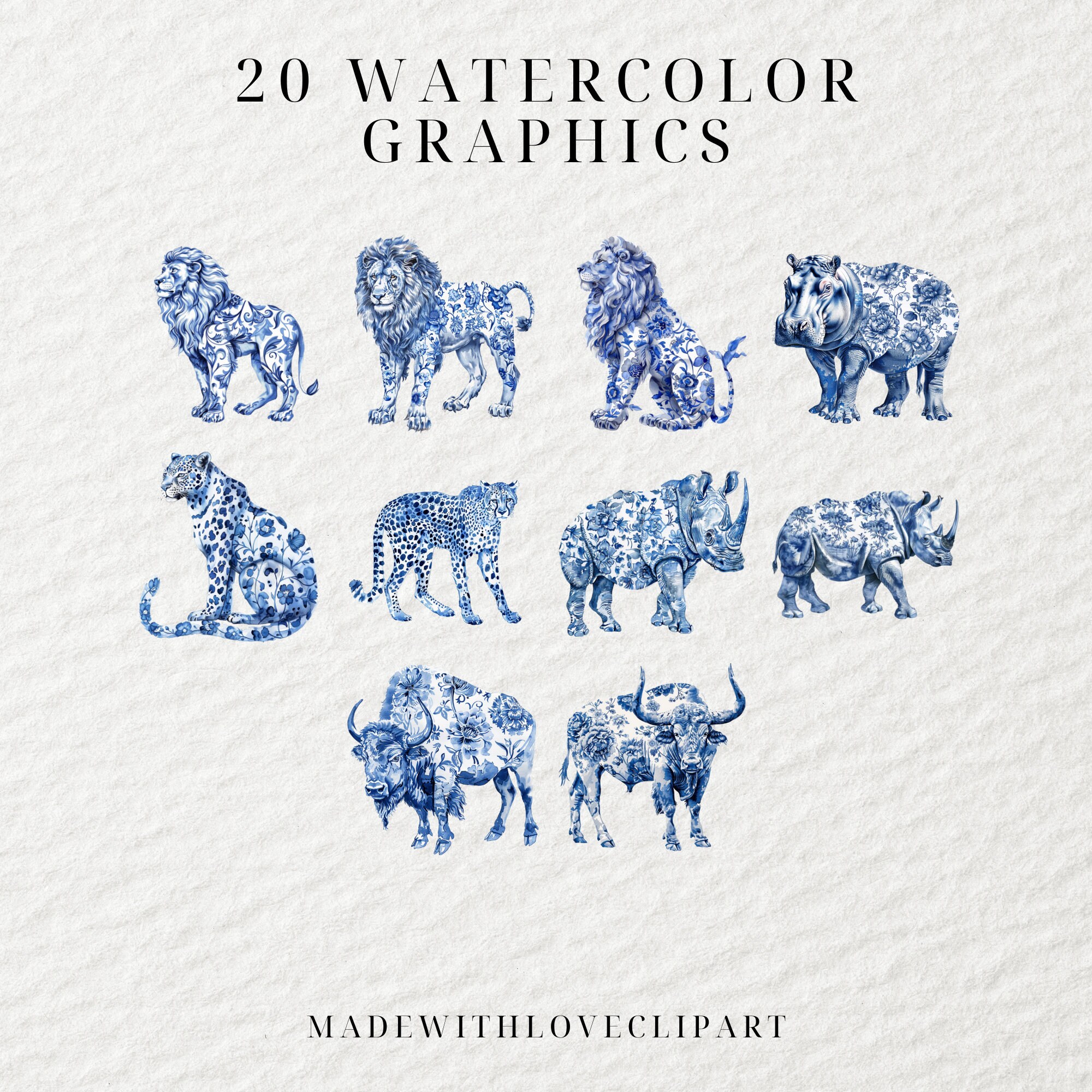 Watercolor Blue Toile Safari Animals Clipart, Toile De Jouy Clipart ...
