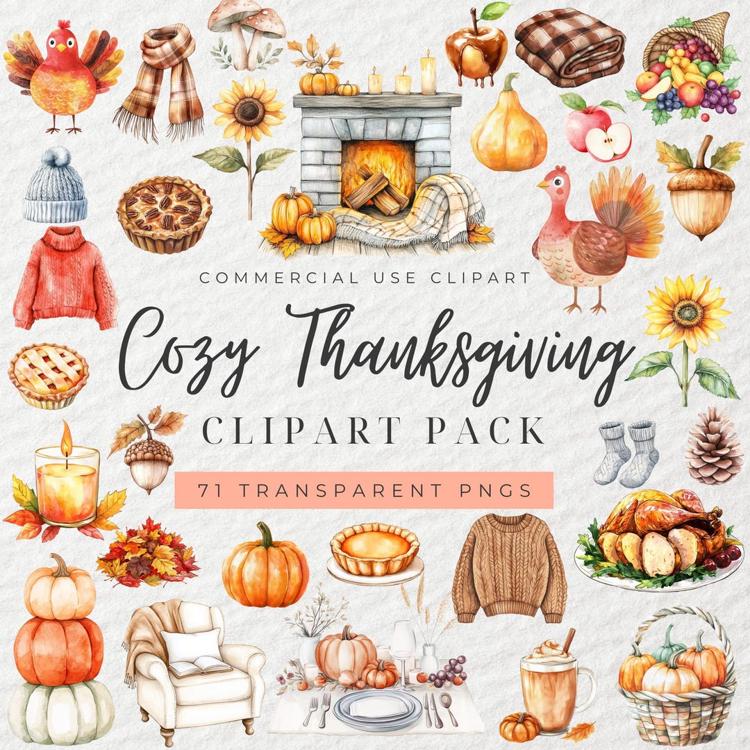 Watercolor Cozy Thanksgiving Clipart, Pumpkin Clipart, Autumn Clipart ...