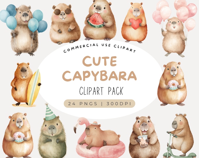 Capybara Birthday Clipart Watercolor Animal Birthday PNG Bundle ...
