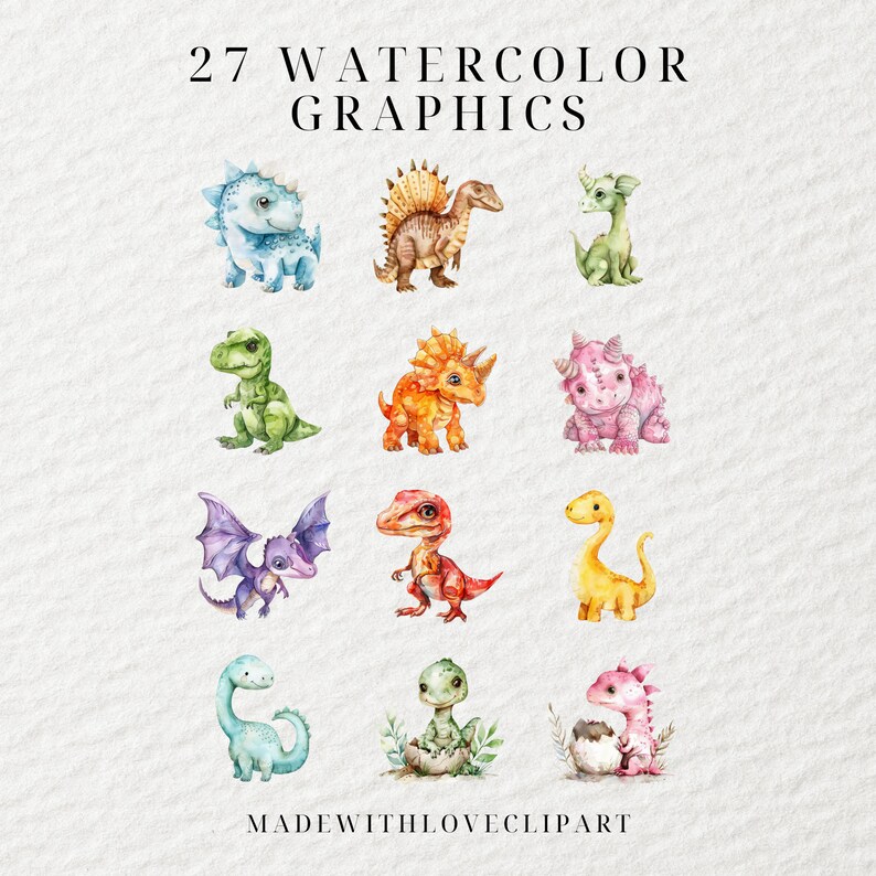 Watercolor Baby Dinosaur Clipart, Cute Dino Clipart, Nursery Decor ...