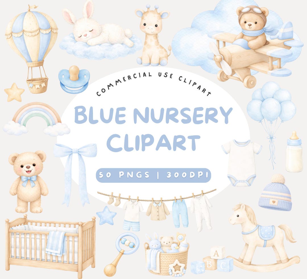 Watercolor Blue Nursery Baby Boy Clipart Set, Baby Shower PNG (digital ...