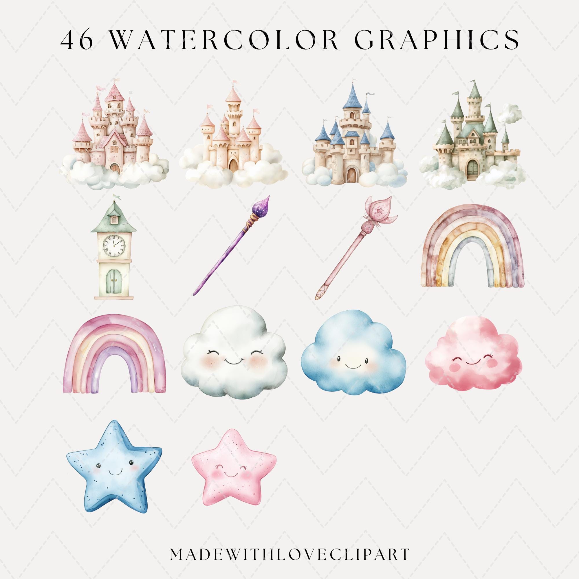 Watercolor Magical Kingdom Clipart: Princess, Dragons, Unicorns PNG ...