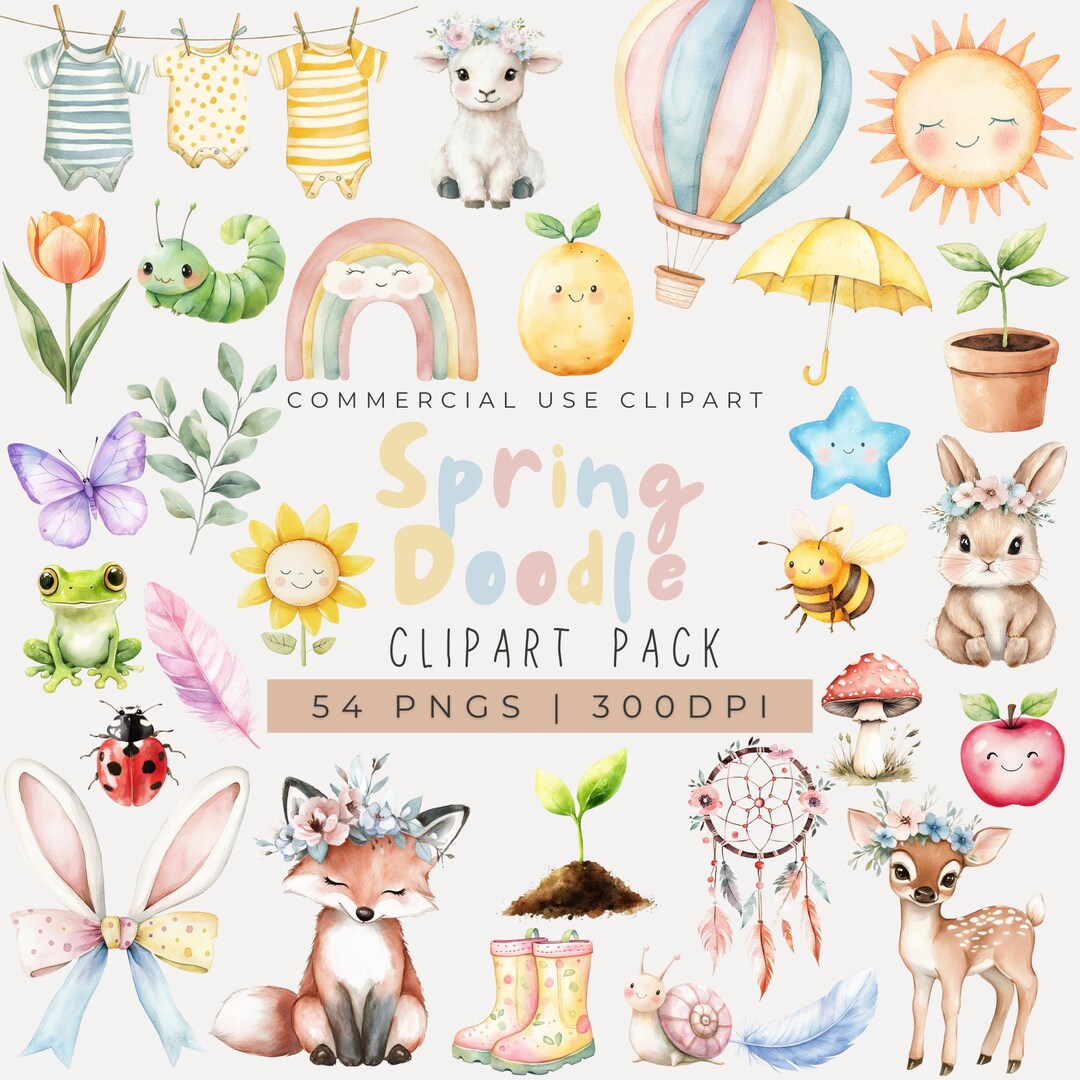 Watercolor Spring Doodle Clipart, Insect Clipart, Baby Animal Clipart ...