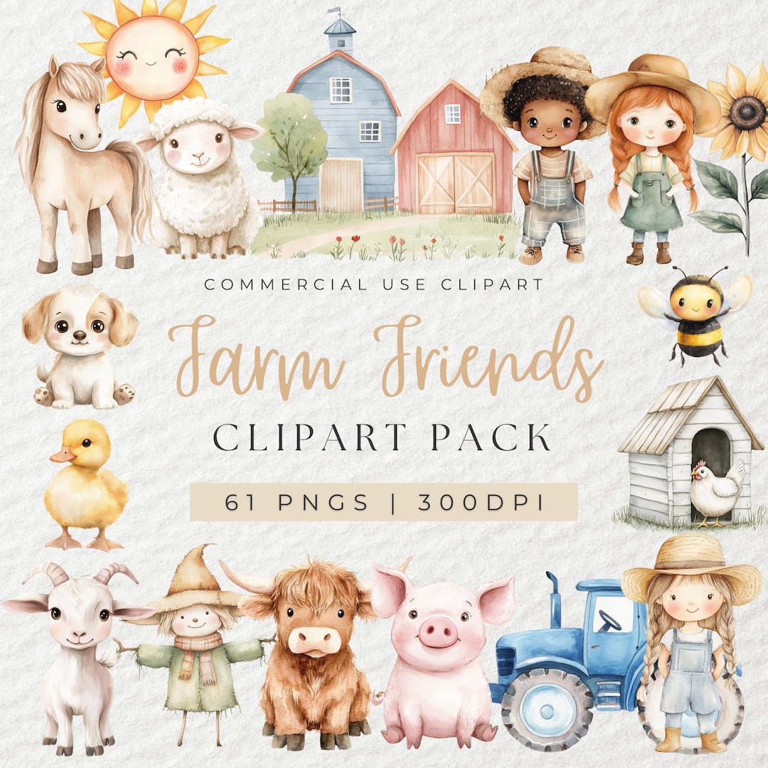 Watercolor Cute Farm Clipart, Farm Animals Clipart, Highland Cow ...