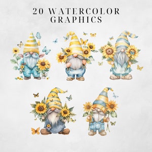 Watercolor Sunflower Gnomes Clipart Bundle, Spring Gnomes Clipart ...