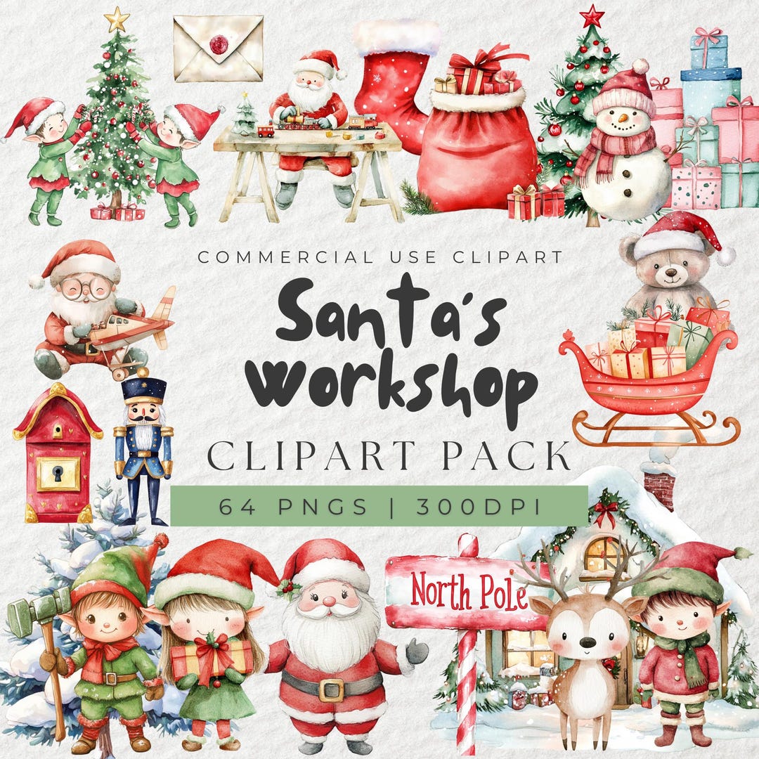 Watercolor Santa's Workshop, Christmas Clipart, Santas Village Clipart ...