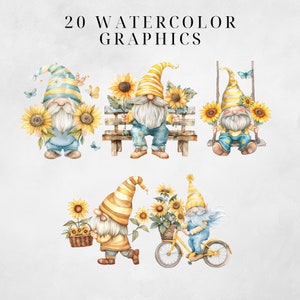 Watercolor Sunflower Gnomes Clipart Bundle, Spring Gnomes Clipart ...