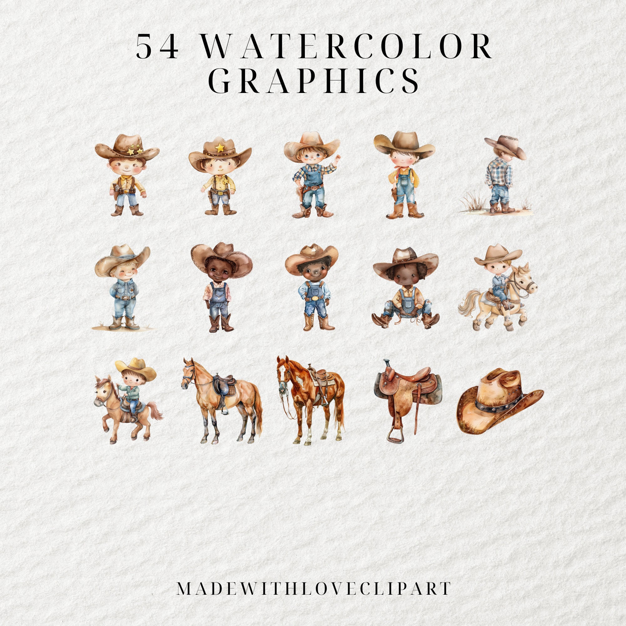Watercolor Little Cowboy Clipart Bundle, Cute Cowboy Clipart, Wild West ...