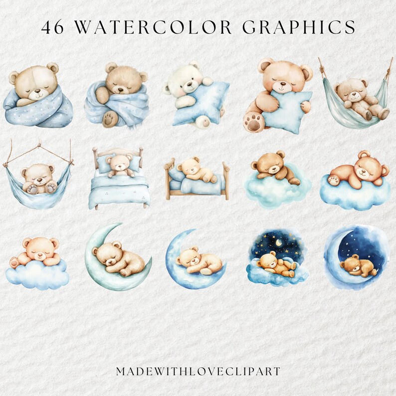 Watercolor Sleeping Teddy Bears Clipart, Sleepy Bears Clipart, Boy Baby ...