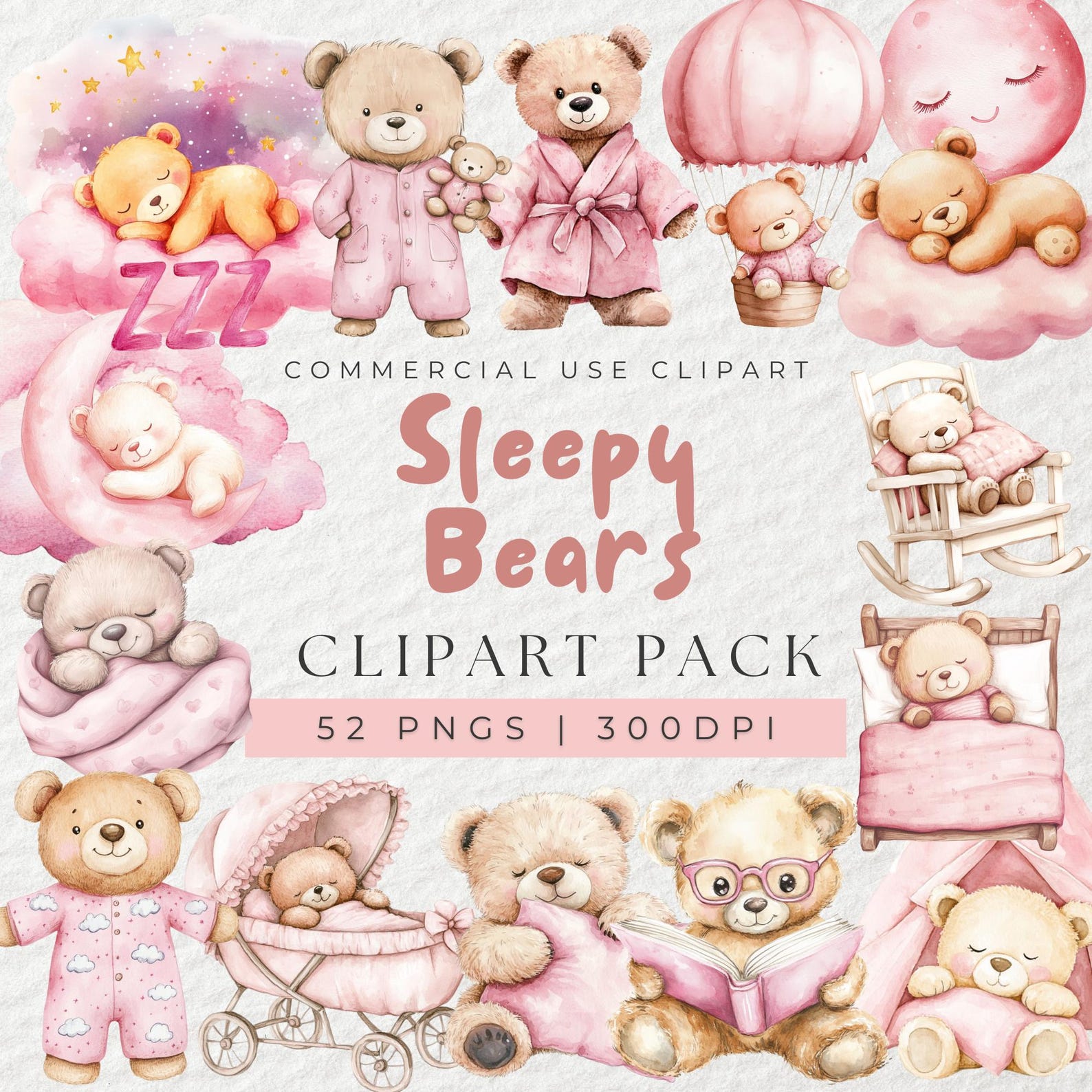 Watercolor Sleeping Teddy Bears Clipart, Sleepy Bears Clipart, Girl ...