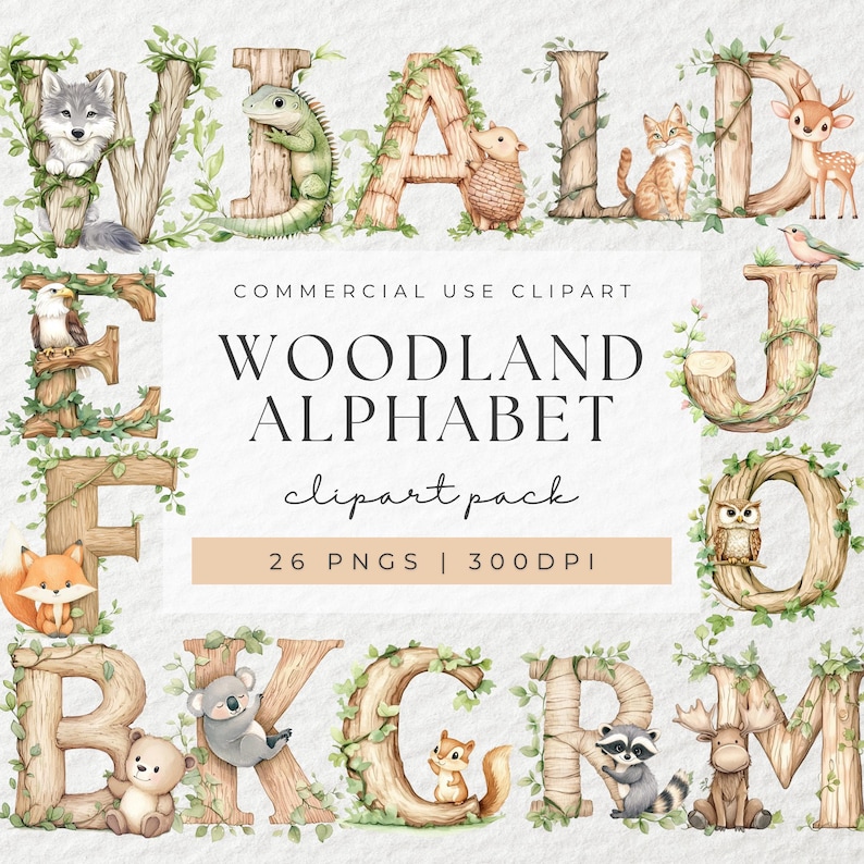 Watercolor Woodland Alphabet Clipart, Alphabet Clipart, Cute Animal ...