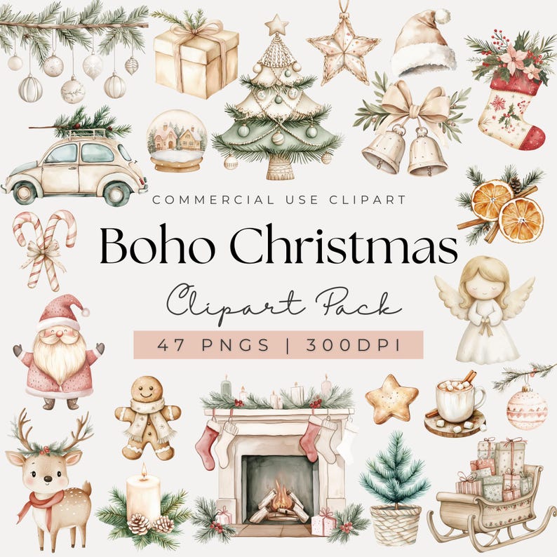 Watercolor Boho Christmas Clipart, Cozy Christmas, Santa Claus Clipart ...
