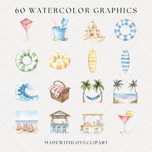 Watercolor Beach Day Clipart, Summer Clipart, Tropical Clipart, Beach ...