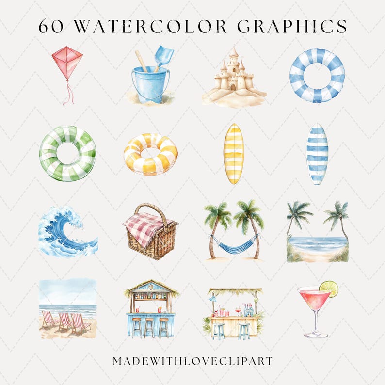 Watercolor Beach Day Clipart, Summer Clipart, Tropical Clipart, Beach ...