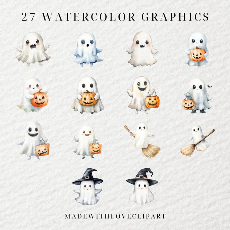 Watercolor Cute Ghost Clipart, Halloween Clipart, Spooky Clipart, Kids ...
