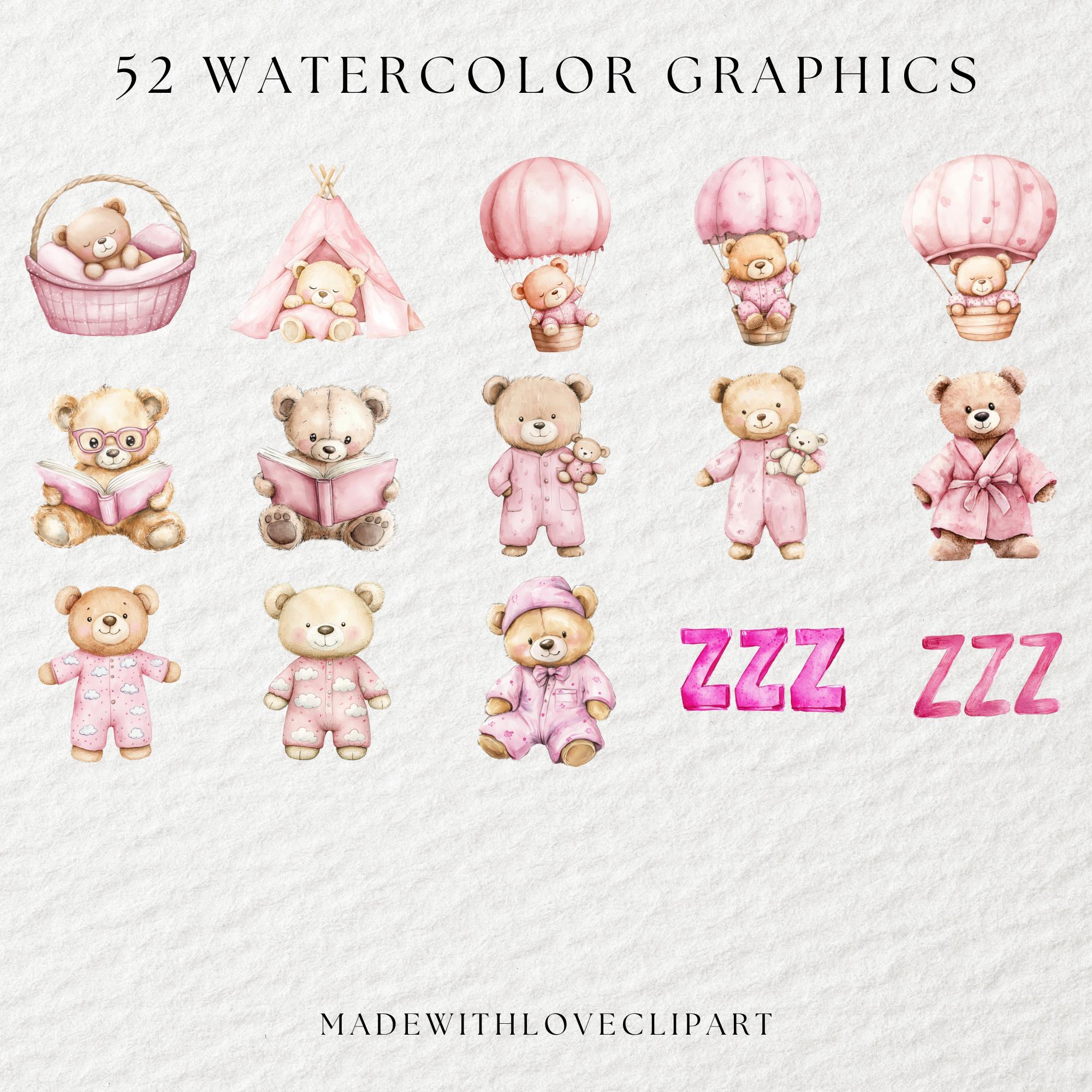 Watercolor Sleeping Teddy Bears Clipart, Sleepy Bears Clipart, Girl ...