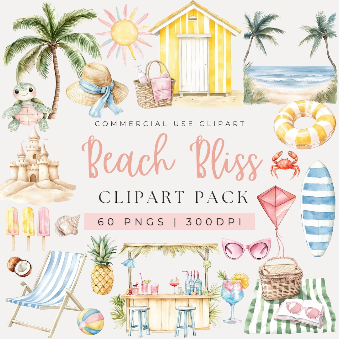 Watercolor Beach Day Clipart, Summer Clipart, Tropical Clipart, Beach ...