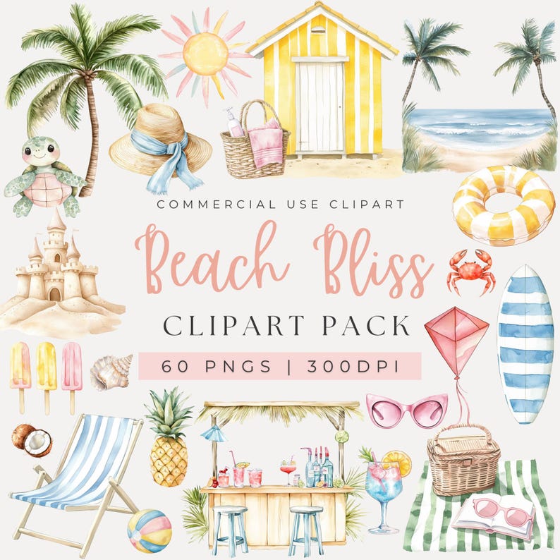 Watercolor Beach Day Clipart, Summer Clipart, Tropical Clipart, Beach ...