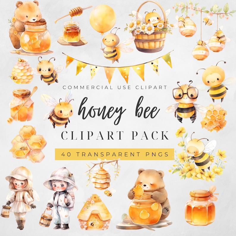 Watercolor Cute Honey Bee Clipart, Cute Bee Clipart, Bumble Bee Clipart ...