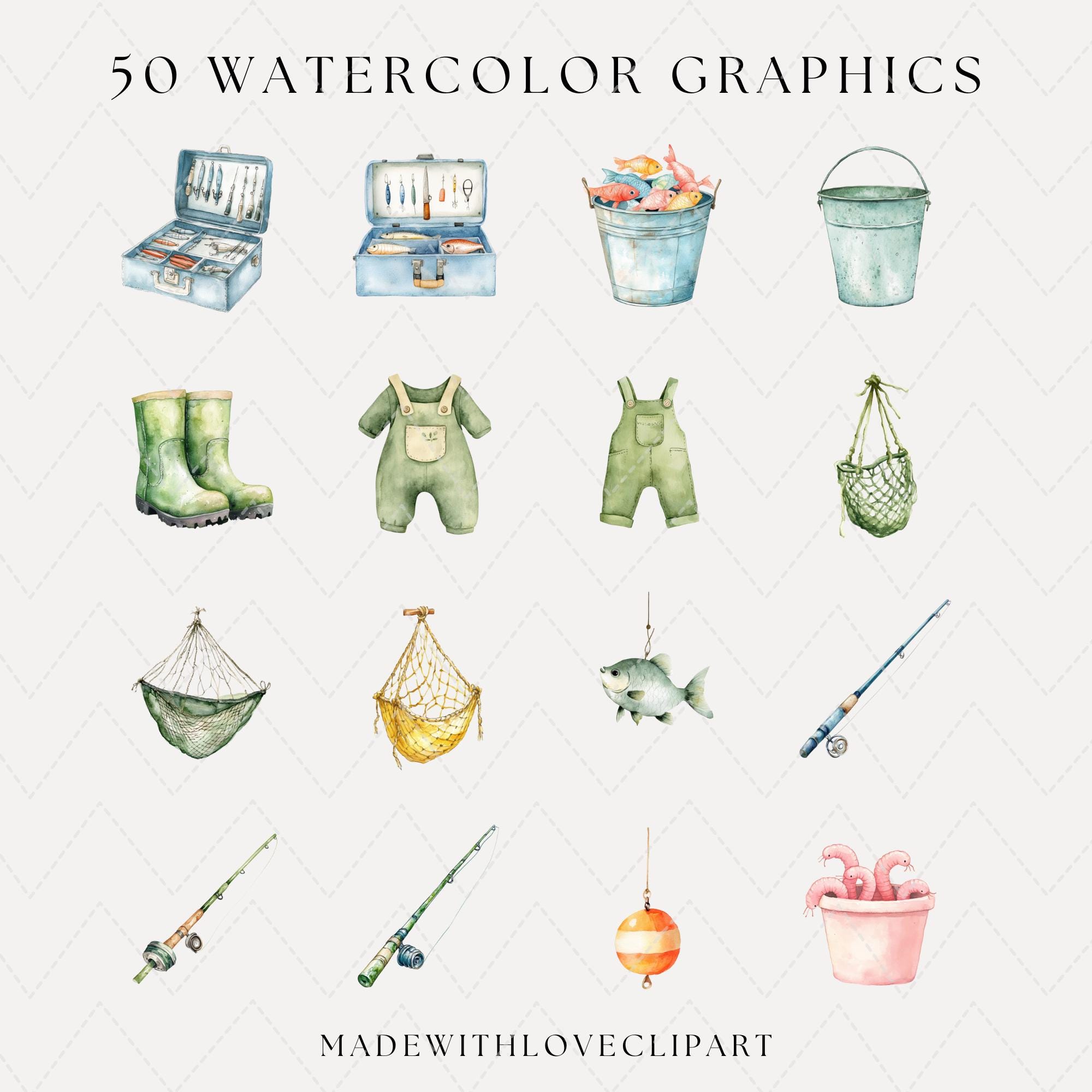 Watercolor Fishing Clipart, Little Fisherman Clipart, Fishing Tackle ...