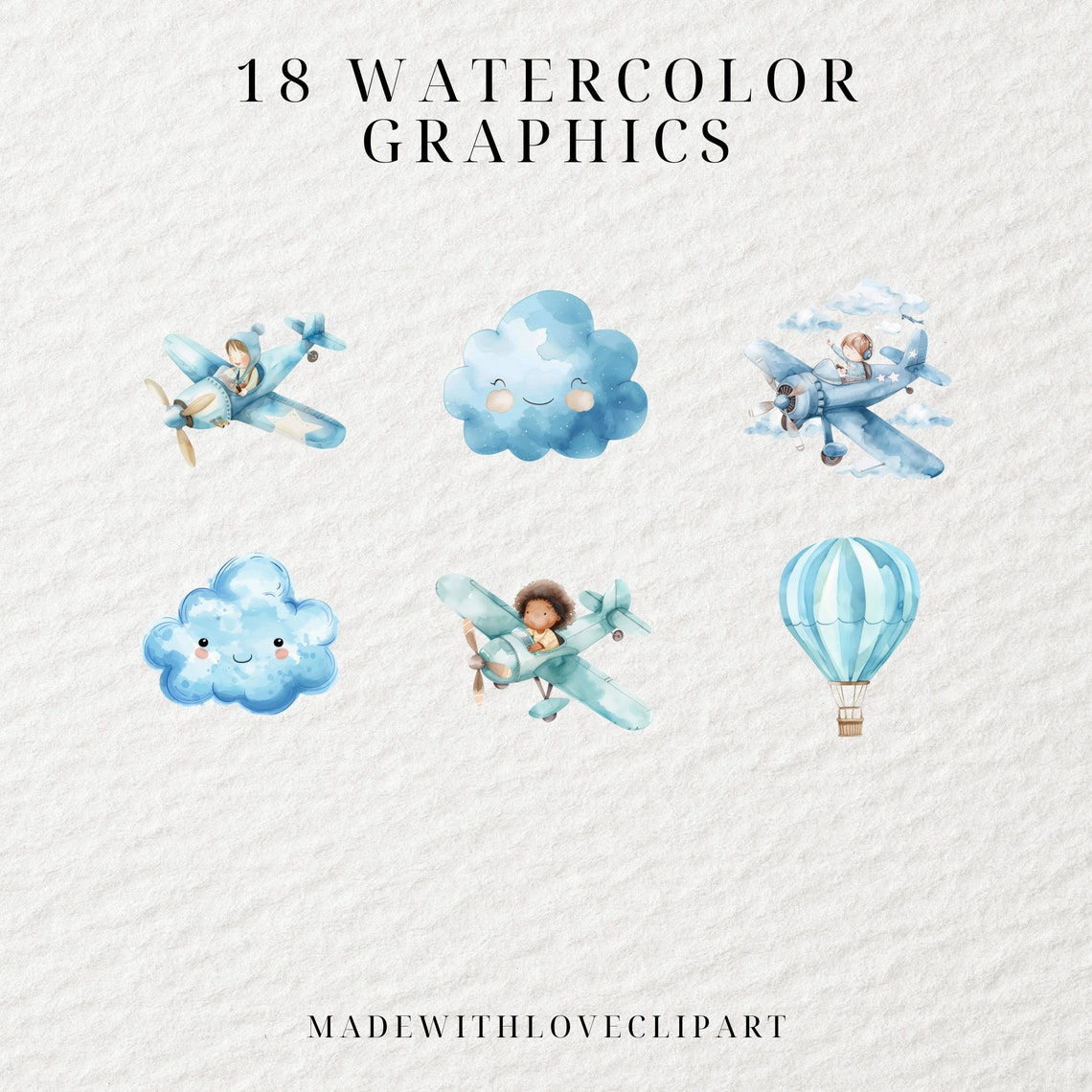 Watercolor Baby Boy Airplane Clipart, Blue Plane Clipart, Vintage Plane ...