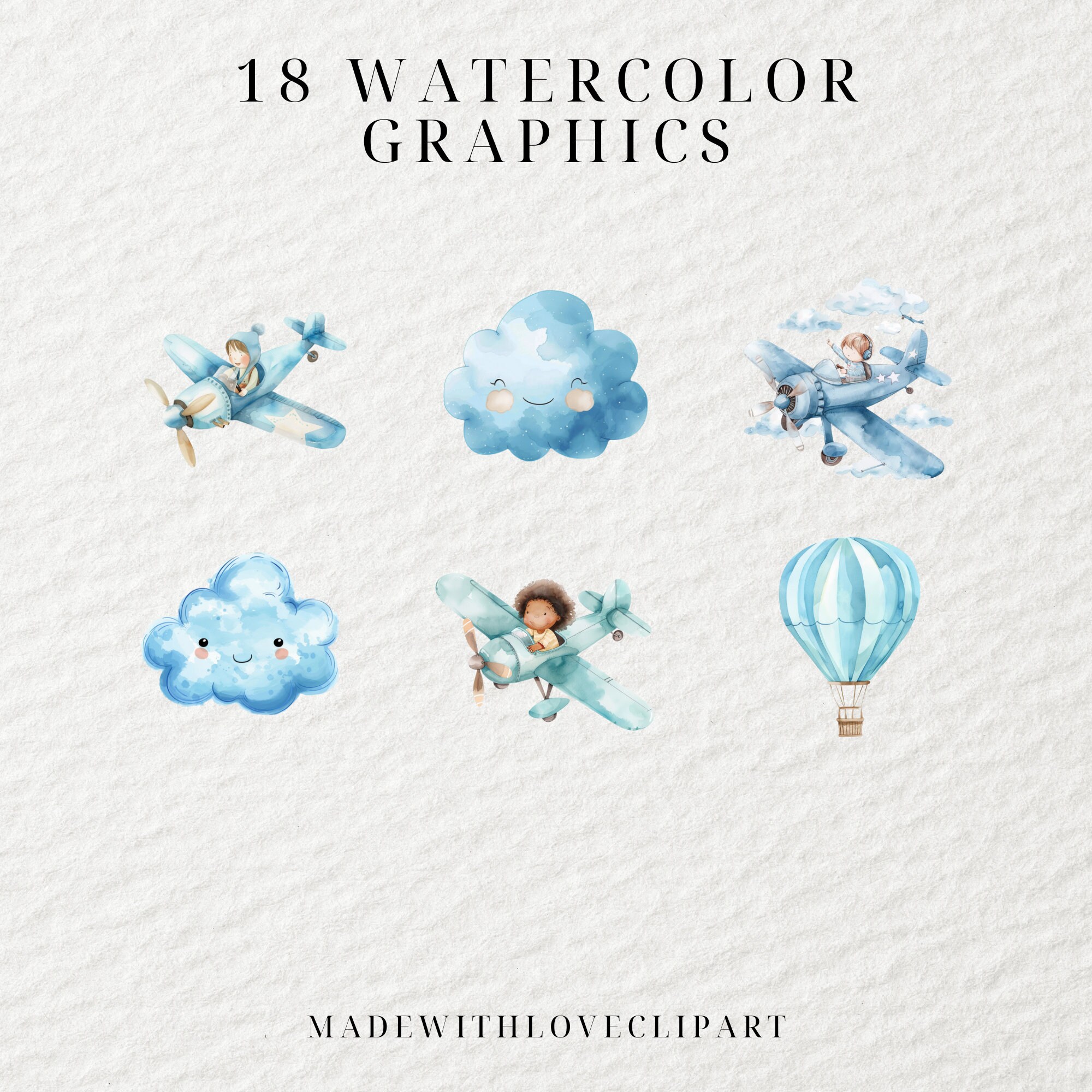 Watercolor Baby Boy Airplane Clipart, Blue Plane Clipart, Vintage Plane ...
