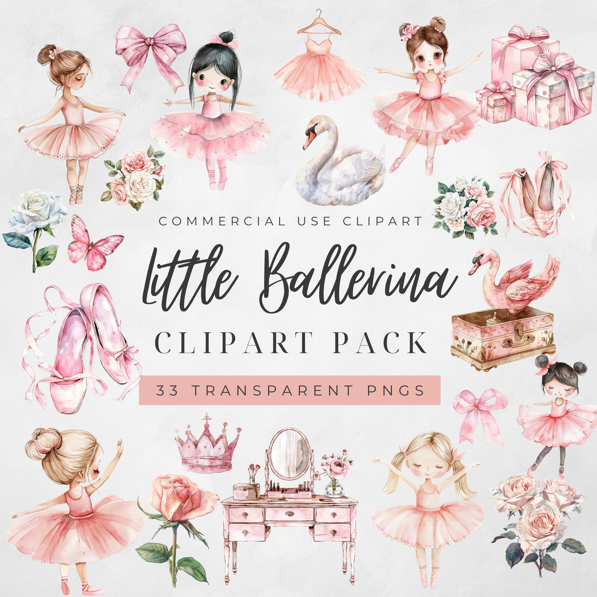 Watercolor Pink Ballerina Clipart Pack, Little Ballerina Clipart, Swan ...