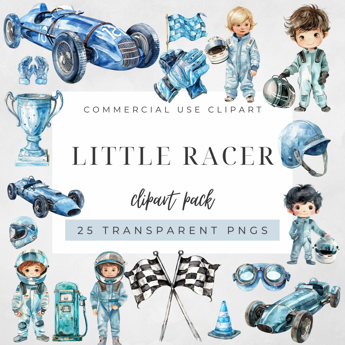 Watercolor Little Racer Clipart, Blue Race Car Clipart, Vintage Racing ...