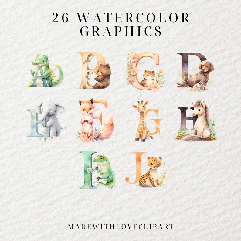 Watercolor Alphabet Animal Clipart Bundle, Alphabet Clipart, Cute ...