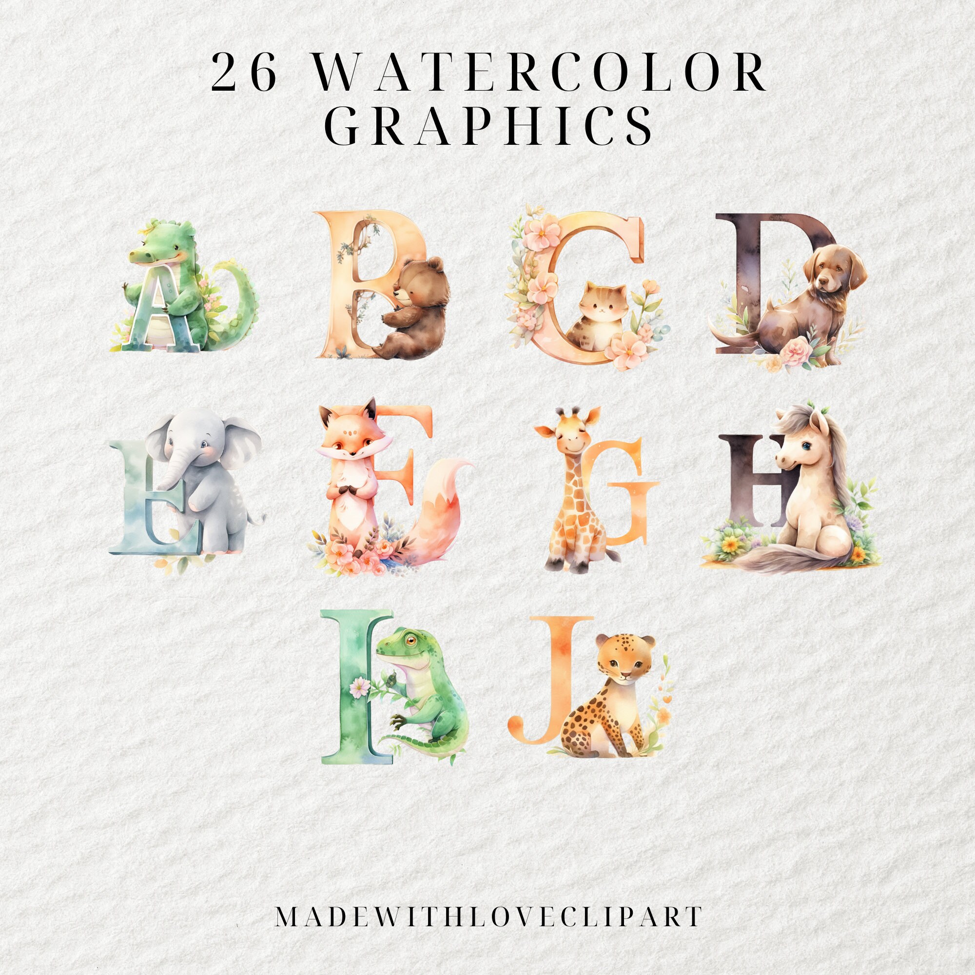 Watercolor Alphabet Animal Clipart Bundle, Alphabet Clipart, Cute ...