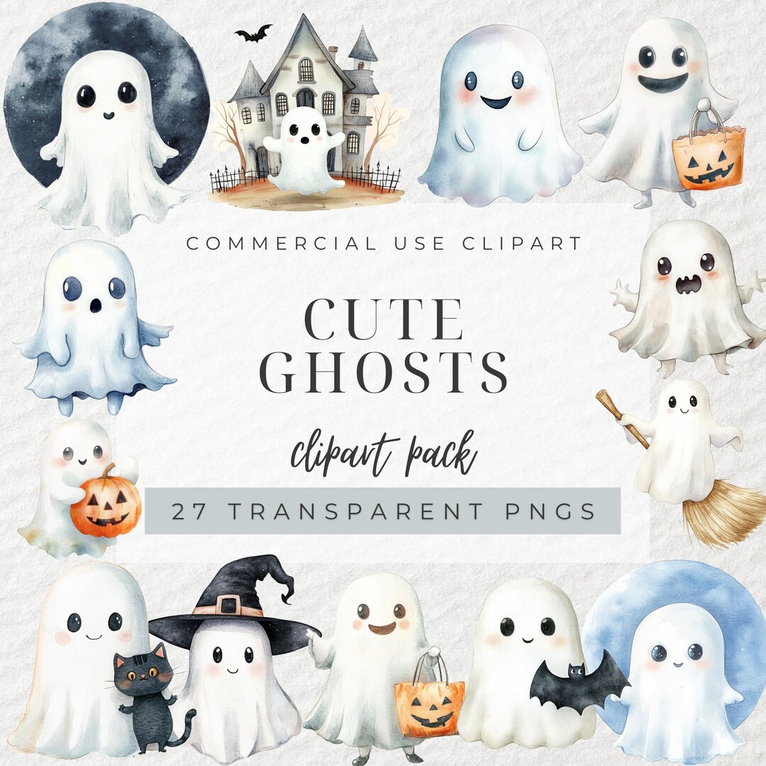 Watercolor Cute Ghost Clipart, Halloween Clipart, Spooky Clipart, Kids ...