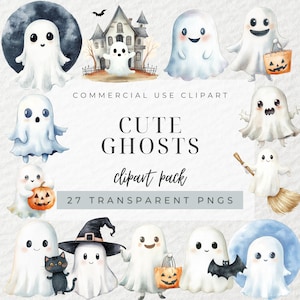 Watercolor Cute Ghost Clipart, Halloween Clipart, Spooky Clipart, Kids ...