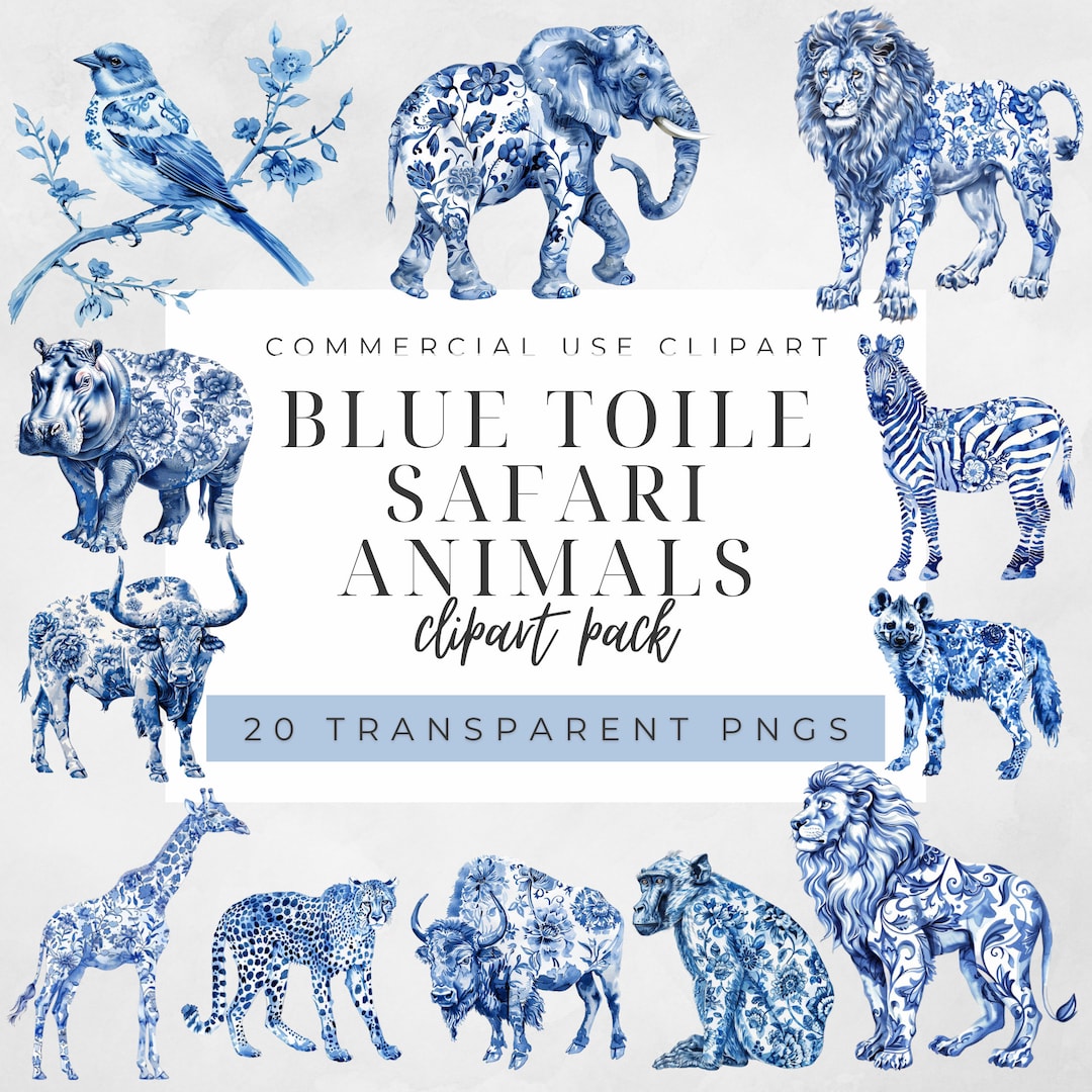 Watercolor Blue Toile Safari Animals Clipart, Toile De Jouy Clipart ...