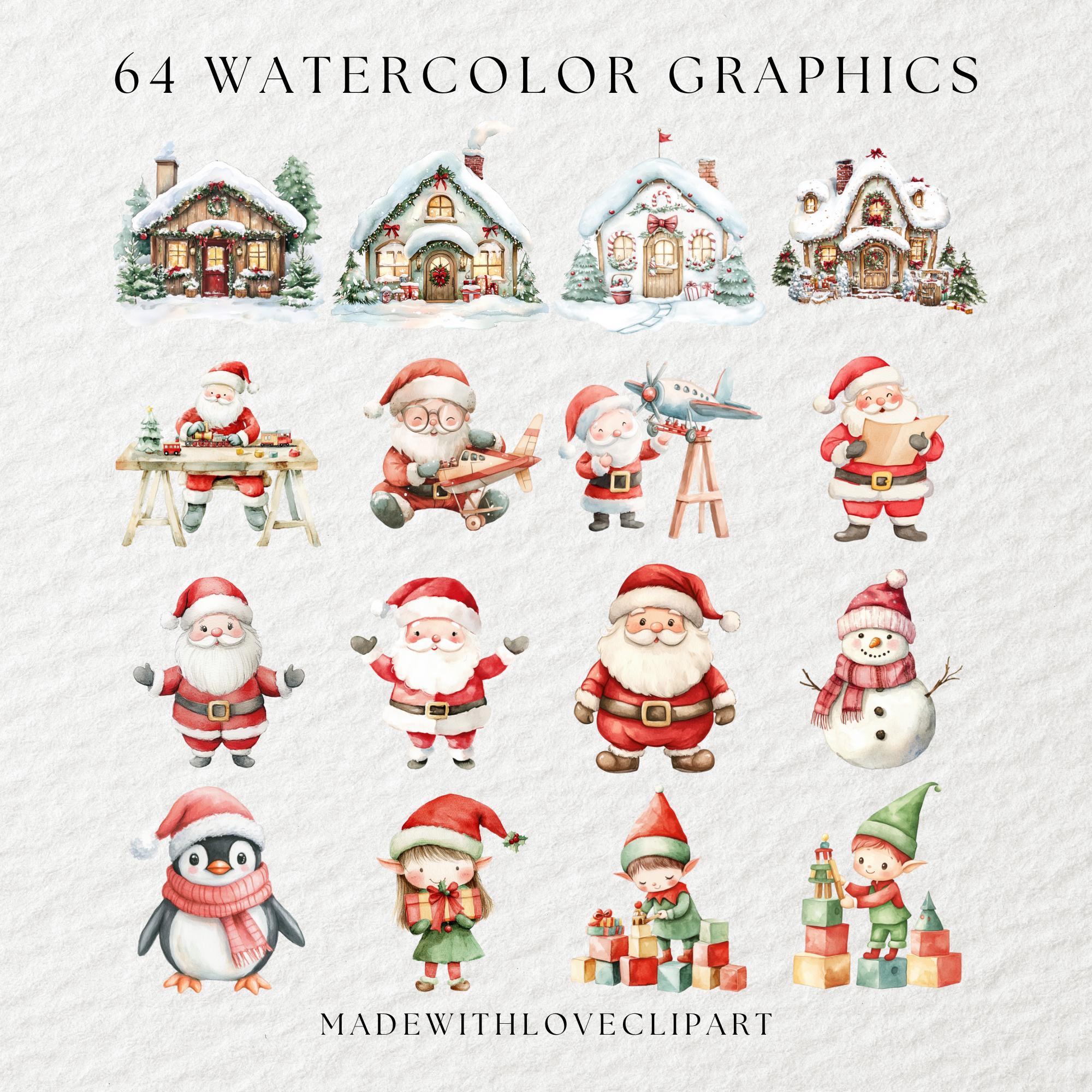 Watercolor Santa's Workshop, Christmas Clipart, Santas Village Clipart ...