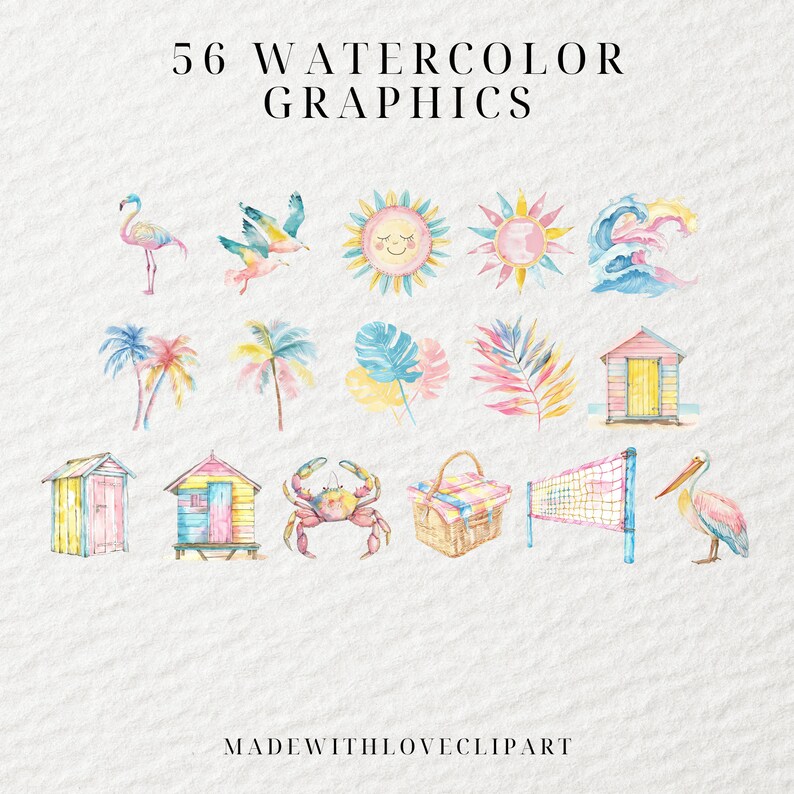 Watercolor Beach Day Clipart, Summer Clipart, Travel Clipart, Beach ...