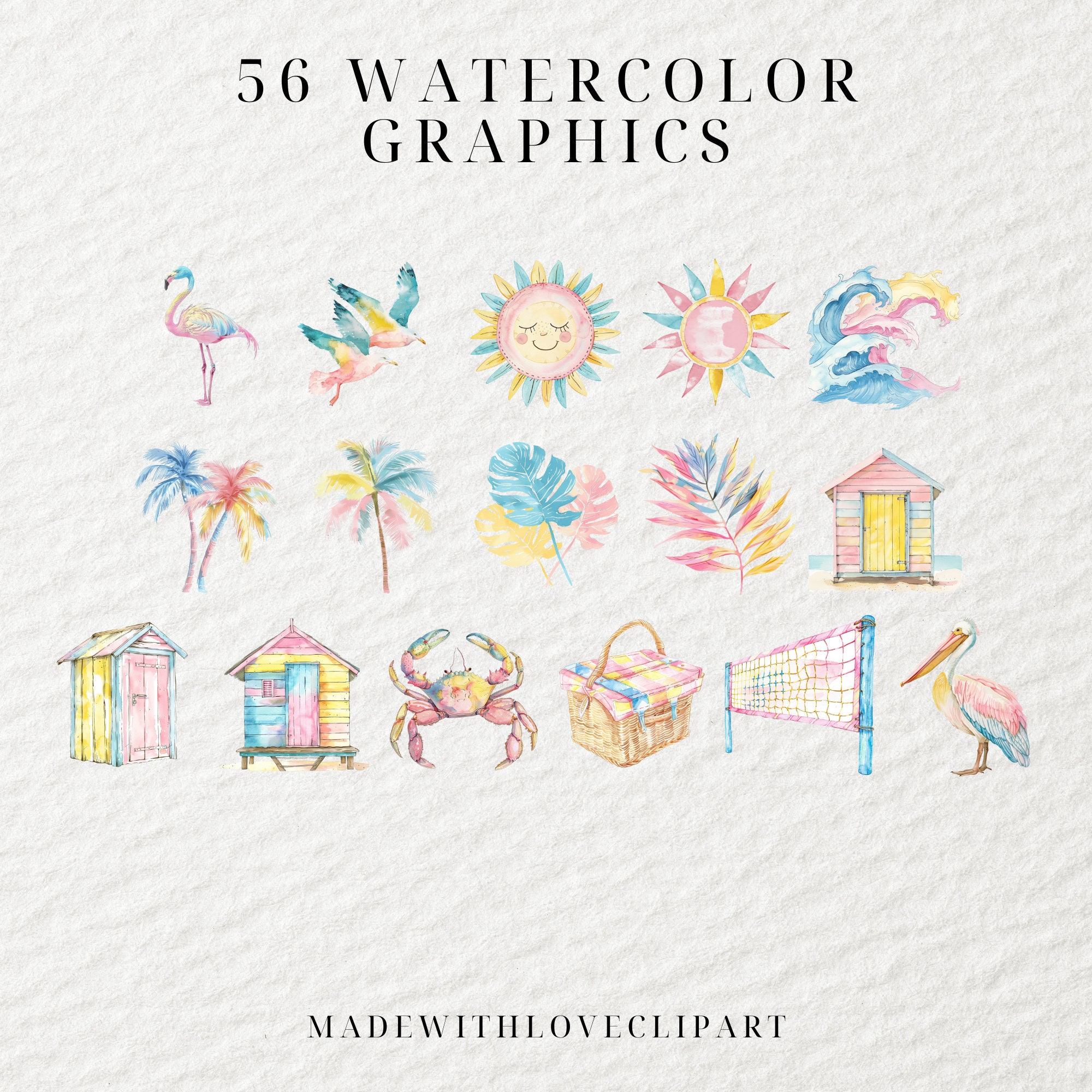 Watercolor Beach Day Clipart, Summer Clipart, Travel Clipart, Beach ...