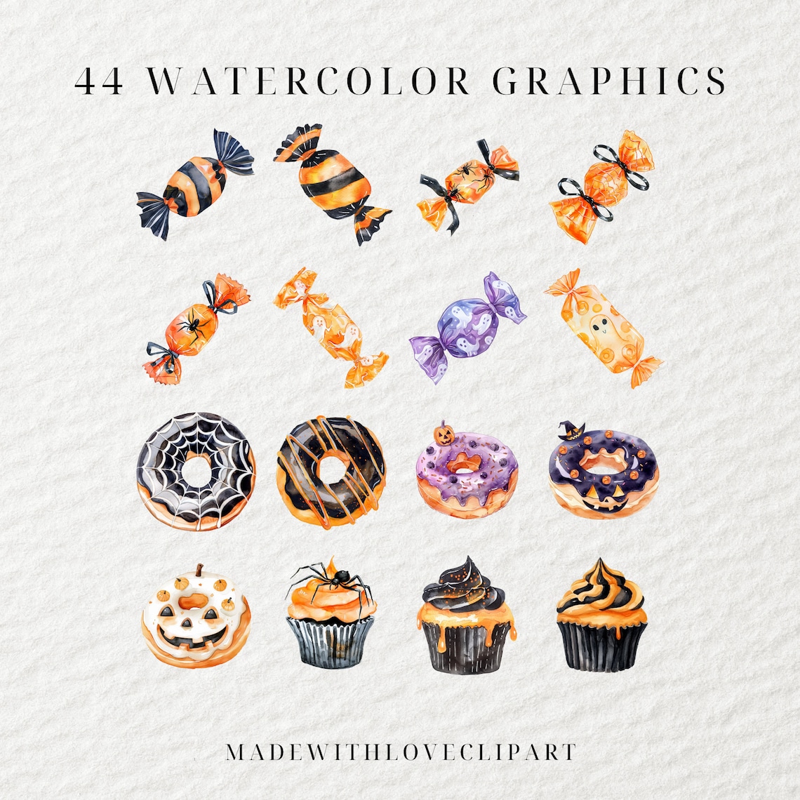 Watercolor Halloween Candy Clipart, Halloween Sweets Clipart, Halloween ...