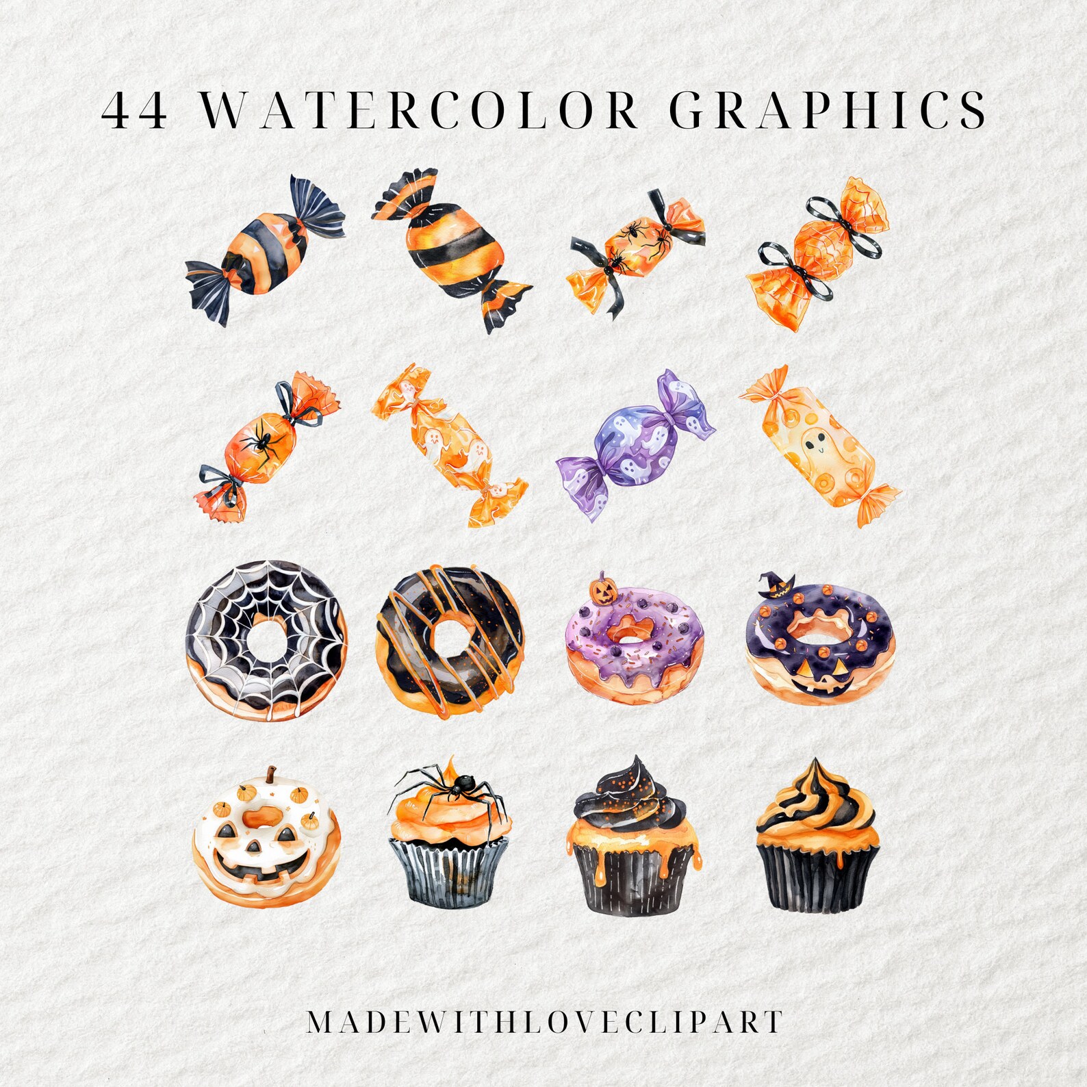 Watercolor Halloween Candy Clipart, Halloween Sweets Clipart, Halloween ...