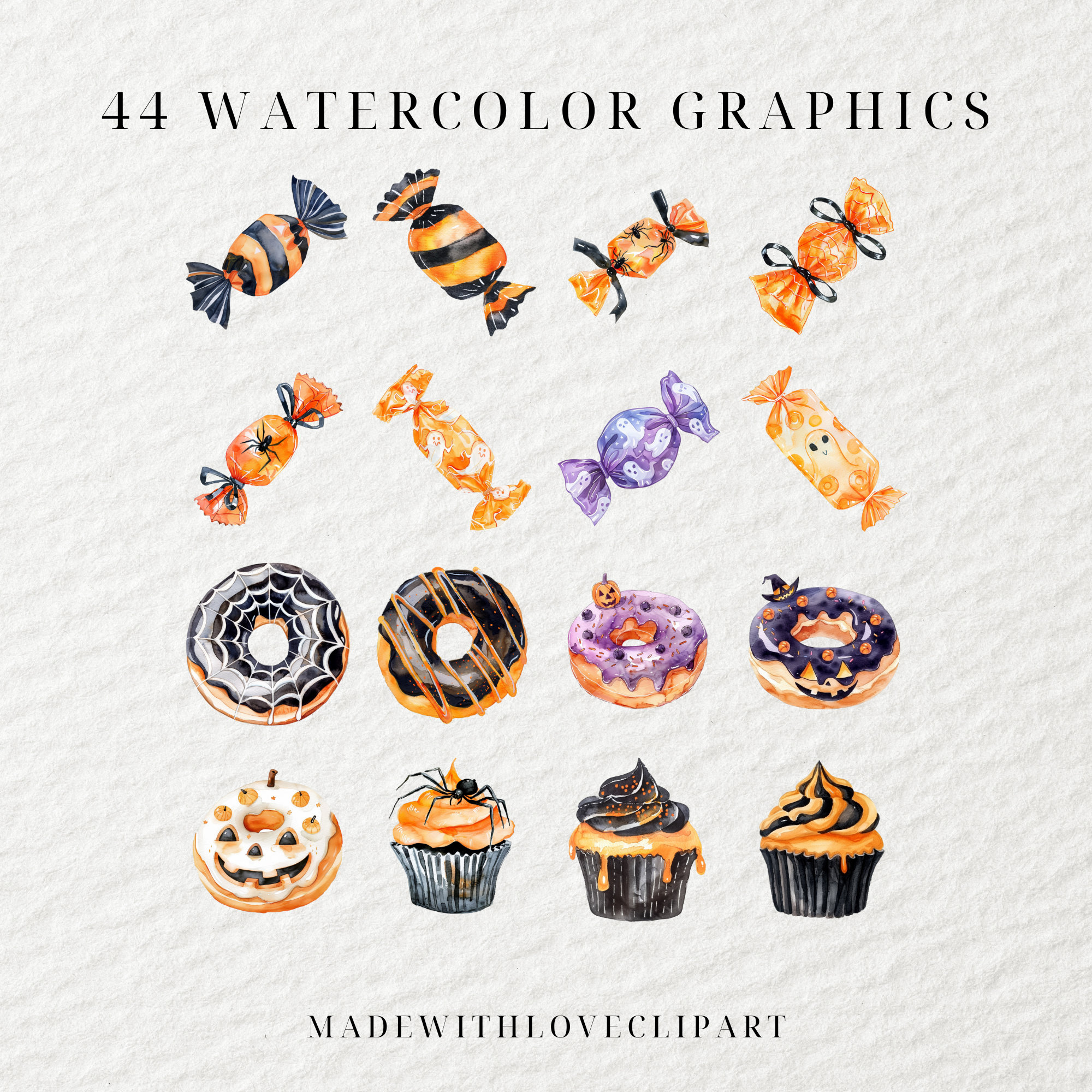 Watercolor Halloween Candy Clipart, Halloween Sweets Clipart, Halloween ...