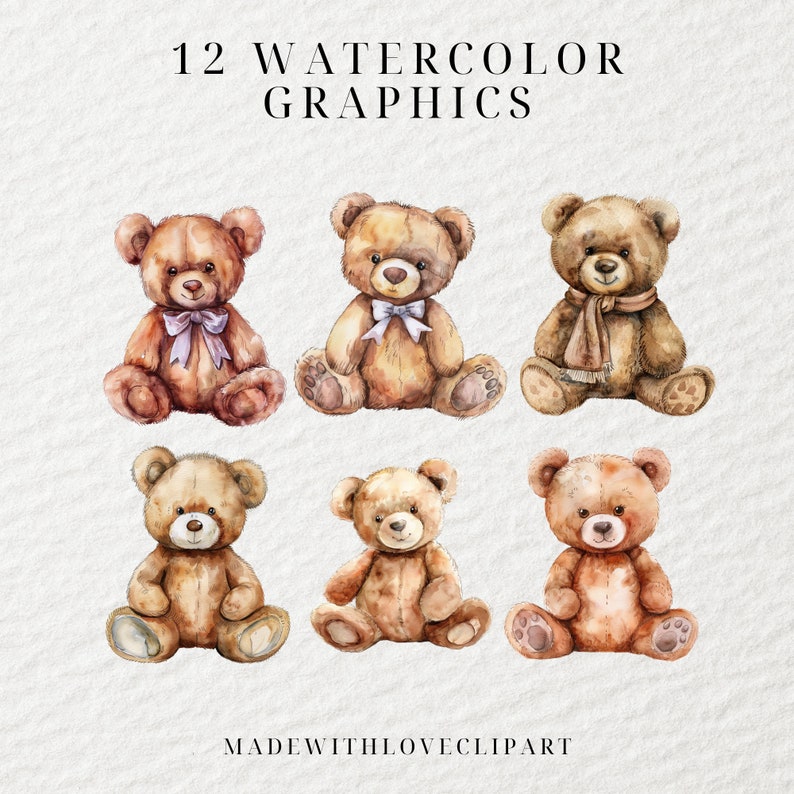 Watercolor Cute Teddy Bear Clipart Bundle, Baby Shower Clipart, Nursery ...