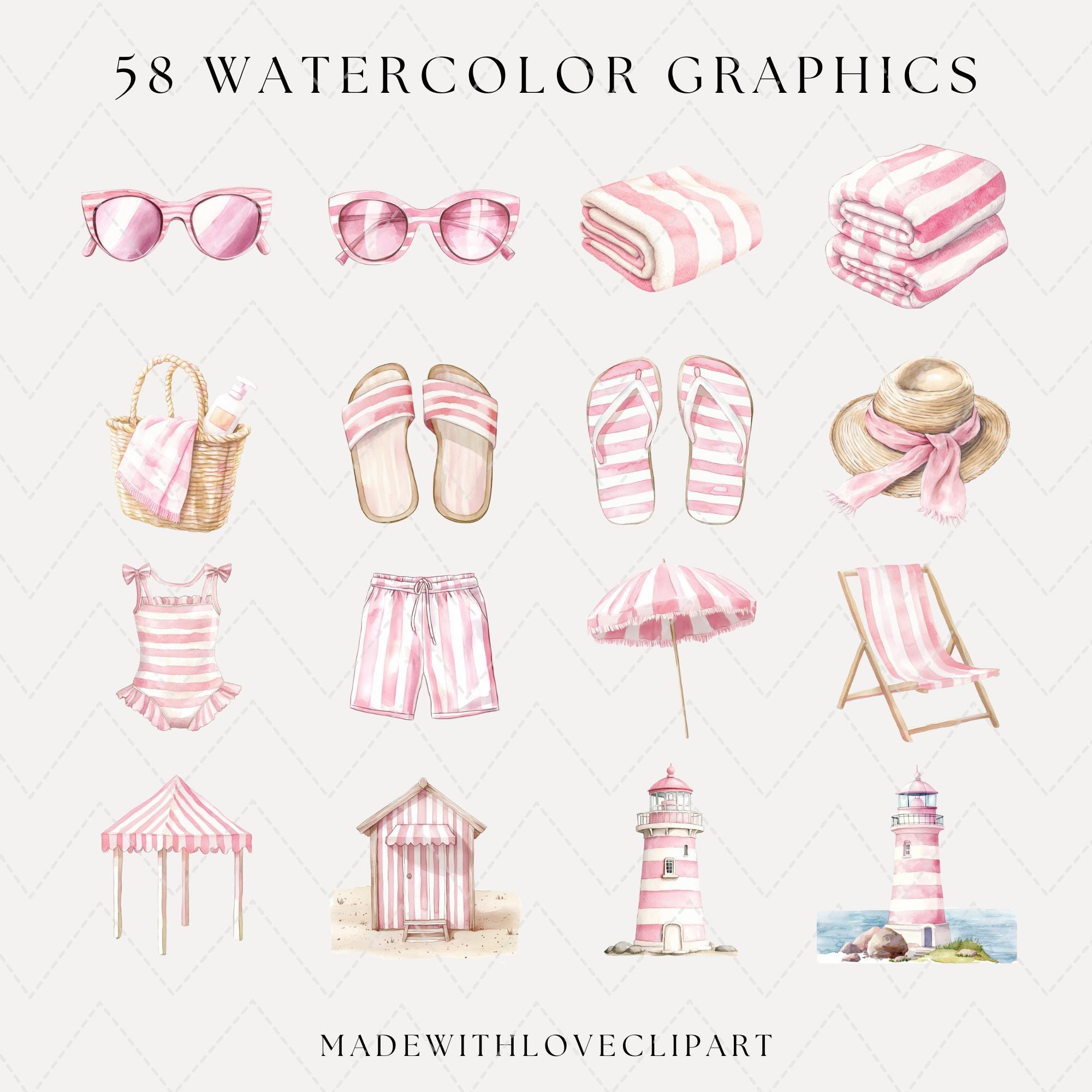 Watercolor Pink Beach Day Clipart, Pink Summer Clipart, Tropical ...