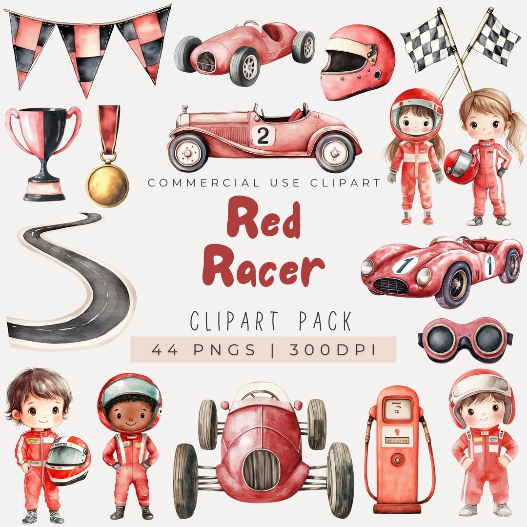Watercolor Little Racer Clipart, Red Race Car Clipart, Vintage Racing ...