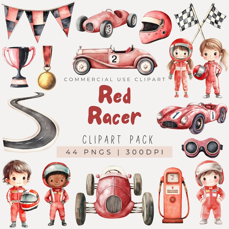 Watercolor Little Racer Clipart, Red Race Car Clipart, Vintage Racing ...