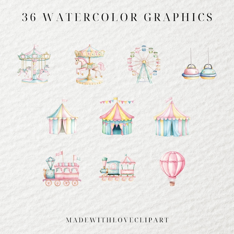 Watercolor Pastel Carnival Clipart, Pastel Carousel Clipart, Pastel ...