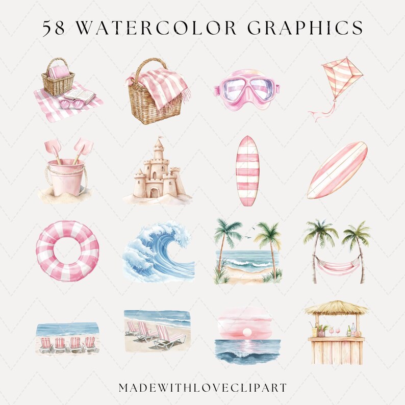 Watercolor Pink Beach Day Clipart, Pink Summer Clipart, Tropical ...