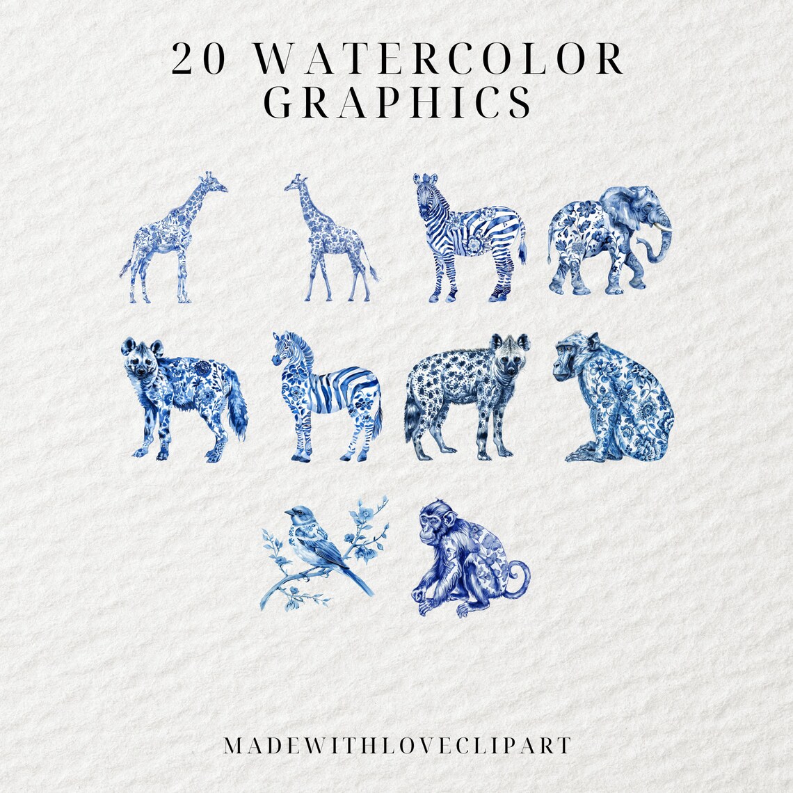 Watercolor Blue Toile Safari Animals Clipart, Toile De Jouy Clipart ...