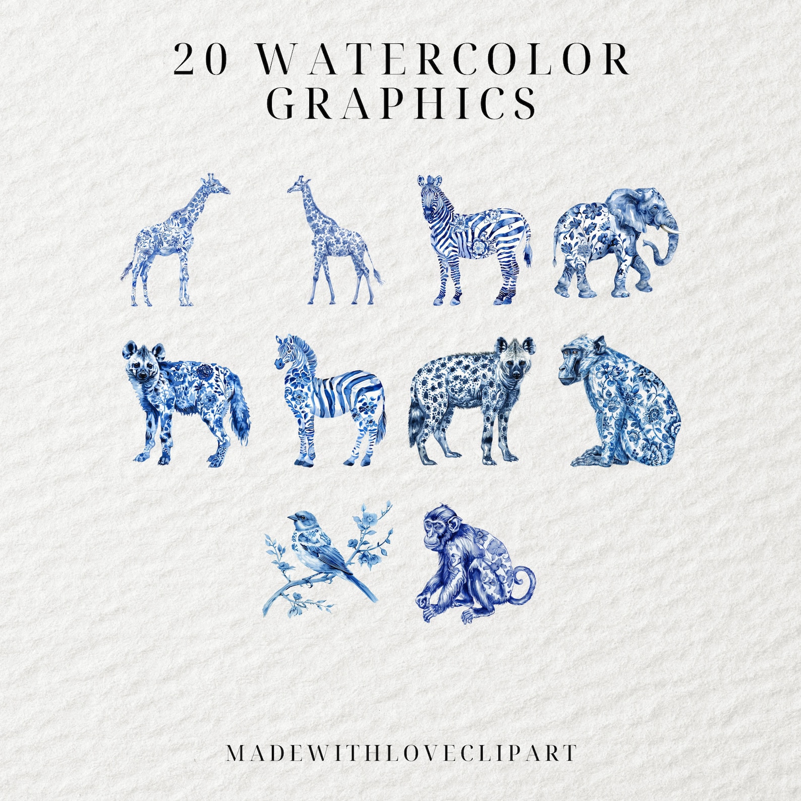 Watercolor Blue Toile Safari Animals Clipart, Toile De Jouy Clipart ...