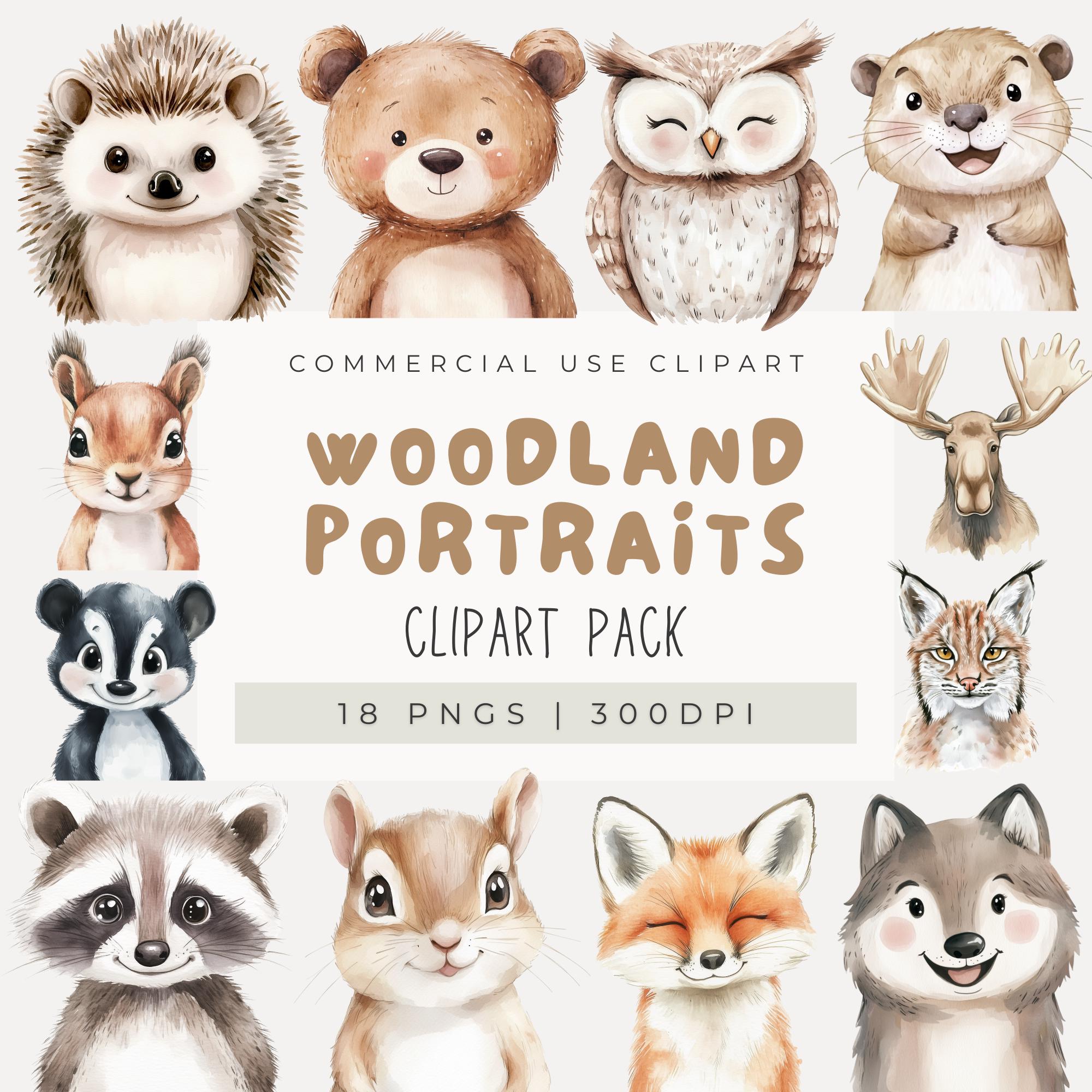 Watercolor Woodland Portraits Clipart: Cute Animal Nursery Decor (PNG ...
