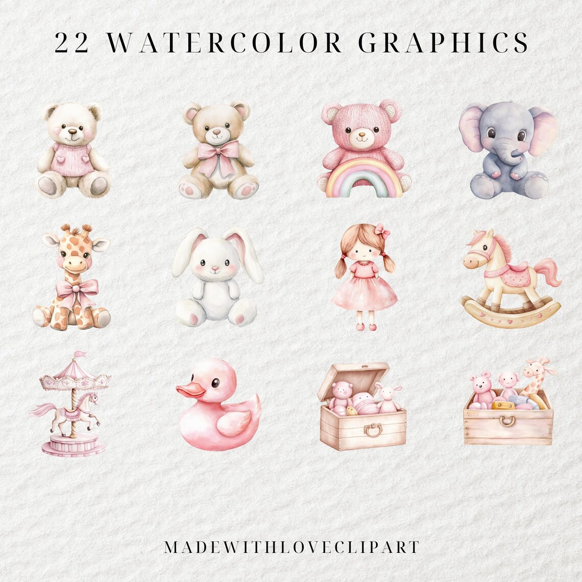 Watercolor Pink Baby Toys Clipart, Nursery Toys, Baby Girl Toys Clipart ...