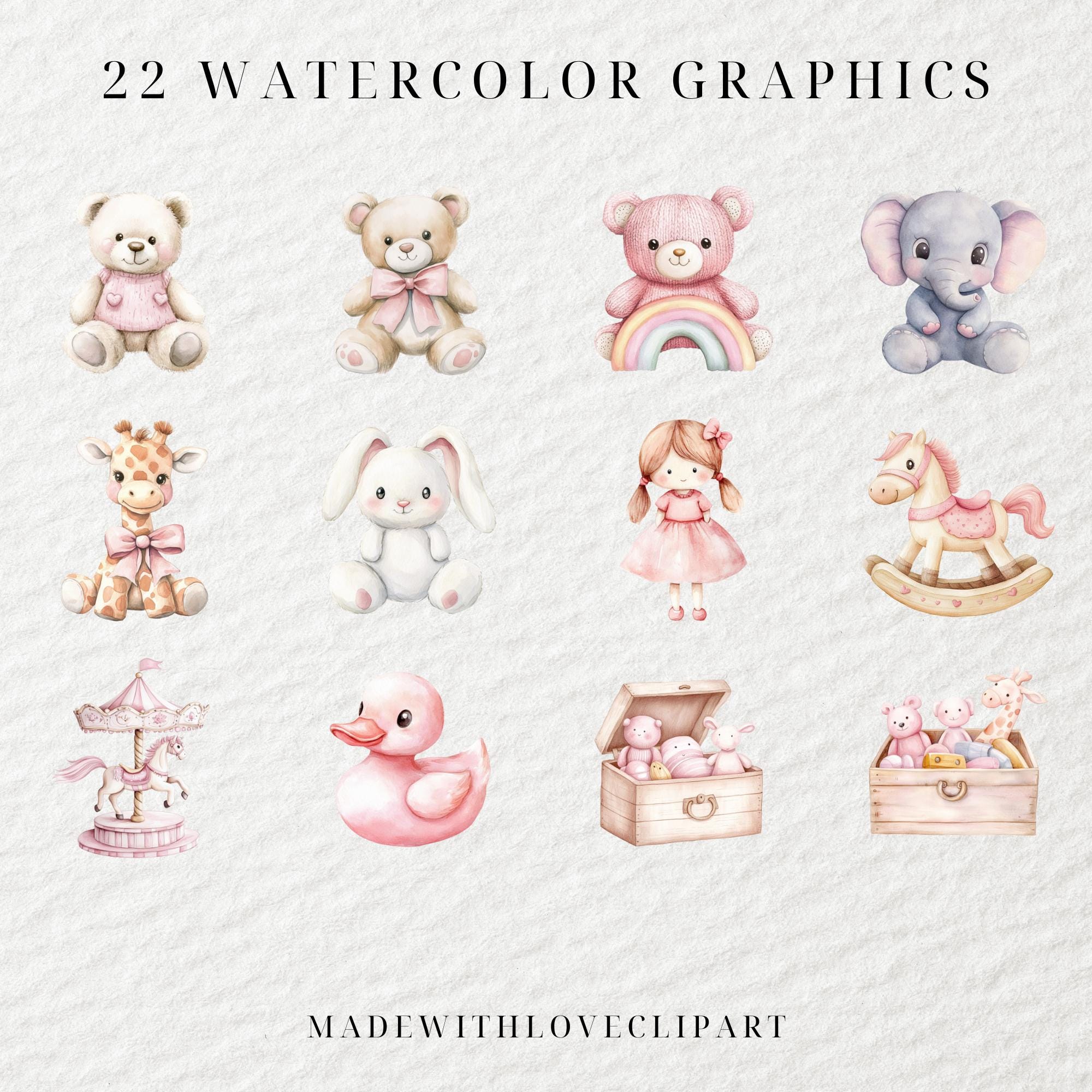 Watercolor Pink Baby Toys Clipart, Nursery Toys, Baby Girl Toys Clipart ...